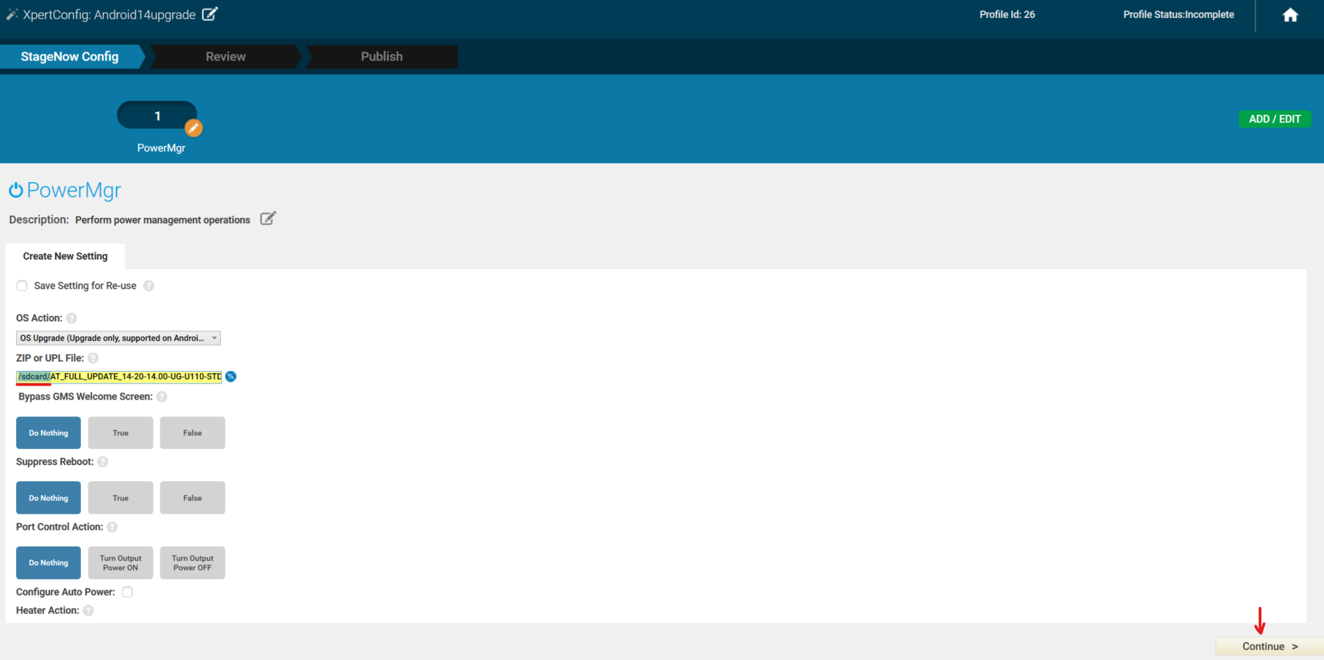 Android OS Upgrade or Downgrade via StageNow with Internal Memory Files