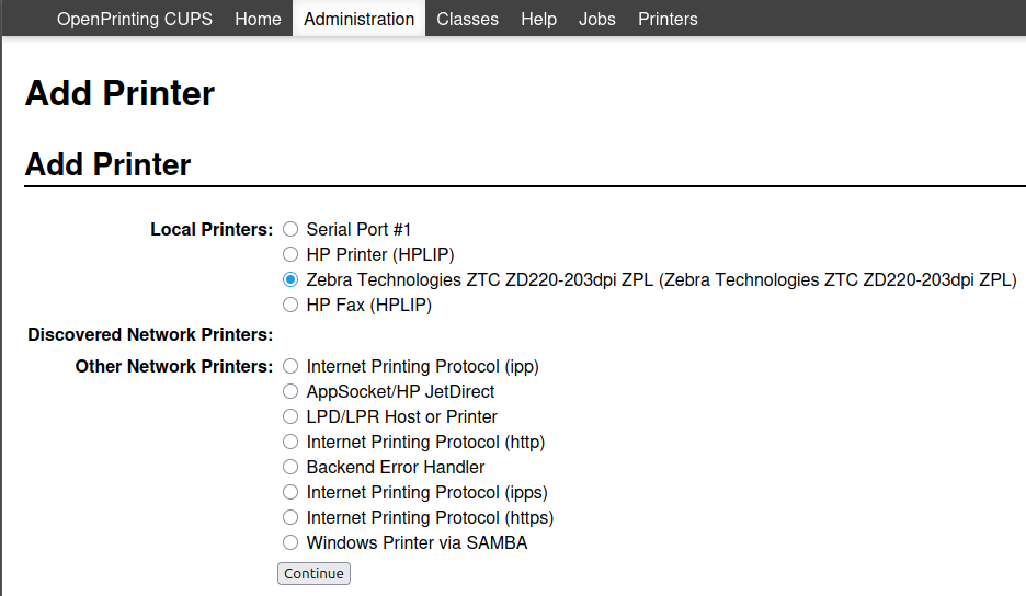 Adding a Zebra Printer in a CUPS Printing System